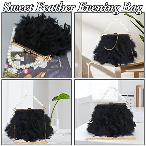 GOKTOW Black Feather Clutches Purses for Women Bag,Pearl Fluffy Evening Handbags for Wedding Anniversary Party,Black