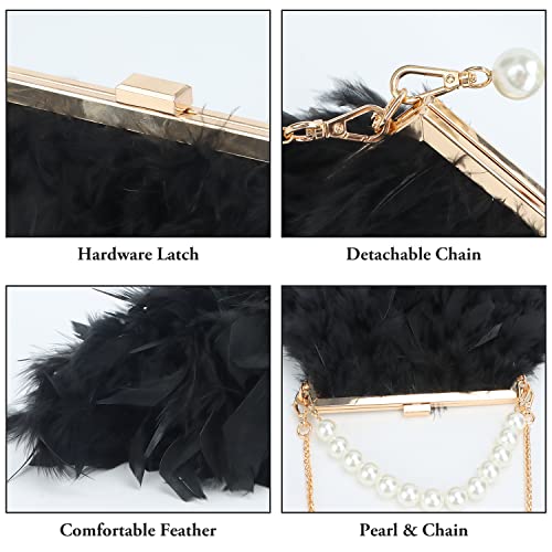 GOKTOW Black Feather Clutches Purses for Women Bag,Pearl Fluffy Evening Handbags for Wedding Anniversary Party,Black