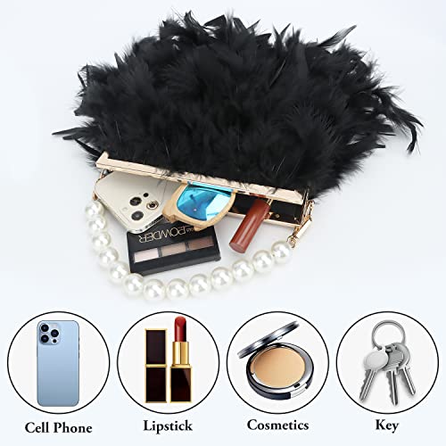 GOKTOW Black Feather Clutches Purses for Women Bag,Pearl Fluffy Evening Handbags for Wedding Anniversary Party,Black