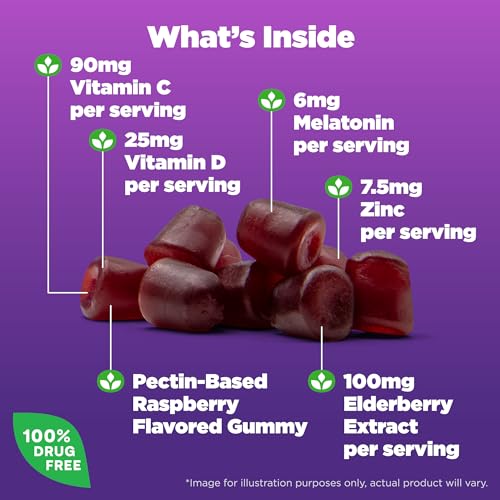 Natrol Sleep+ Immune Health Gummy, Sleep Aid & Immunity Support, Elderberry, Vitamins C, D and Zinc, Drug Free, 50 Berry Flavored Gummies
