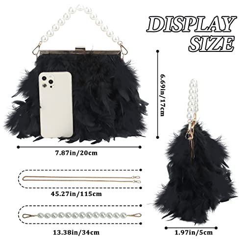 GOKTOW Black Feather Clutches Purses for Women Bag,Pearl Fluffy Evening Handbags for Wedding Anniversary Party,Black