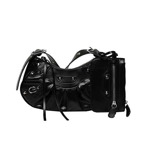 Women Rivet Satchels Handbags Punk Style Motorcycle CrossBody Bags Half Moon Underarm Bags with Coin Purse Hobo Bags (Black)