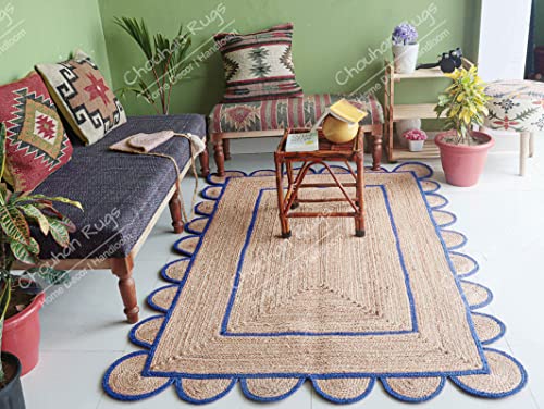 Chouhan Rugs Area Rug Natural Jute Hand Braided Rug Light Blue Scalloped Runner