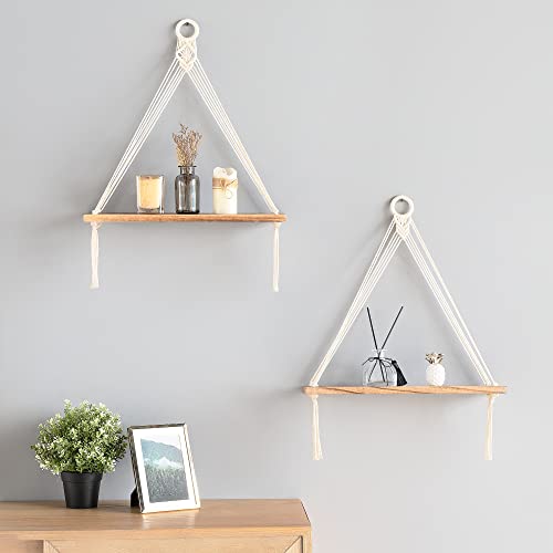 Dahey Macrame Hanging Shelf Boho Wall Decor, 2 Pack Rustic Wood Floating Shelves for Nursery Bedroom Bathroom Living Room Dorm Room, Storage Display Shelves for Hanging Plants Photos