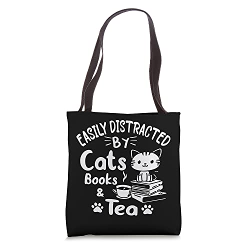 Easily Distracted by Cats, Books & Tea Cat & Book Lover Tote Bag