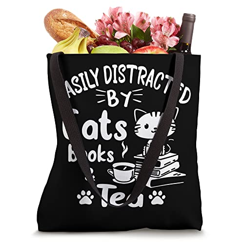 Easily Distracted by Cats, Books & Tea Cat & Book Lover Tote Bag
