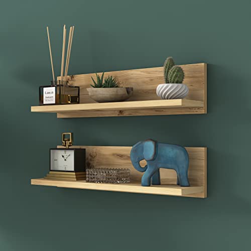 Floating Wall Shelves for Living Room - Set of 2, 23.6" Long, Modern Wooden Design with 3 Color Variations, European Quality, Ideal Wall Mounted Shelves for Home and Office (Light Walnut)