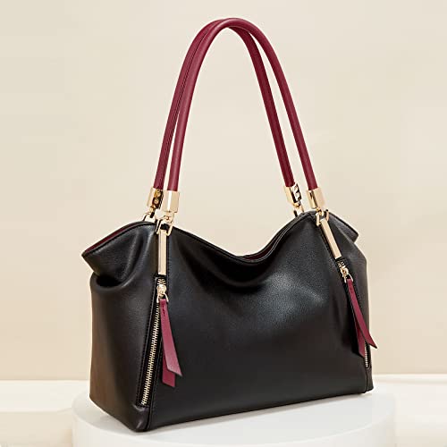 Women's Genuine Leather Tote Handbags, Top-handle Purses and Handbags for Women Satchel Shoulder Bags (04-2 Black with red handle)