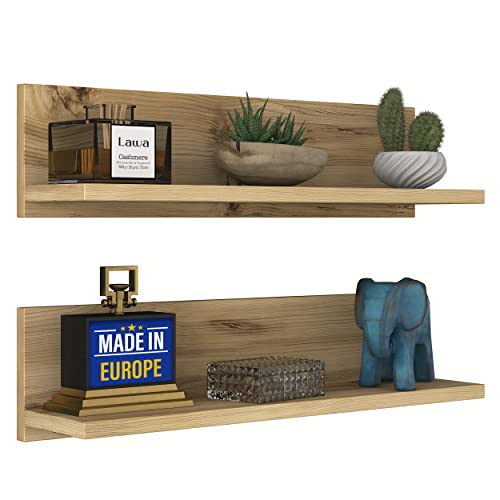 Floating Wall Shelves for Living Room - Set of 2, 23.6" Long, Modern Wooden Design with 3 Color Variations, European Quality, Ideal Wall Mounted Shelves for Home and Office (Light Walnut)