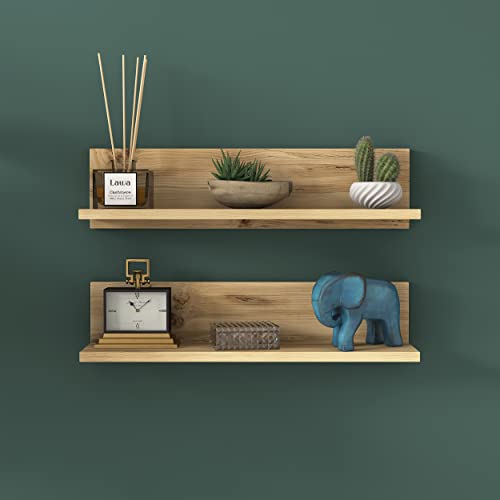 Floating Wall Shelves for Living Room - Set of 2, 23.6" Long, Modern Wooden Design with 3 Color Variations, European Quality, Ideal Wall Mounted Shelves for Home and Office (Light Walnut)