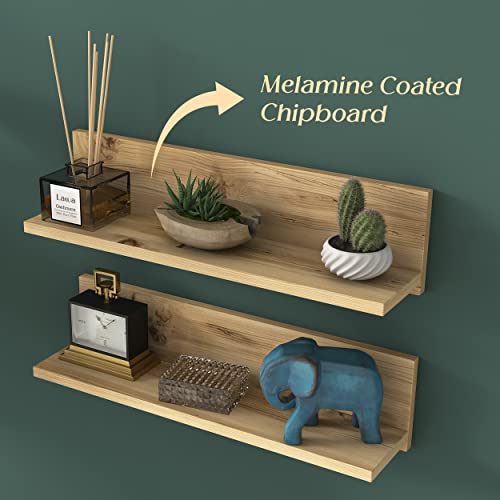 Floating Wall Shelves for Living Room - Set of 2, 23.6" Long, Modern Wooden Design with 3 Color Variations, European Quality, Ideal Wall Mounted Shelves for Home and Office (Light Walnut)