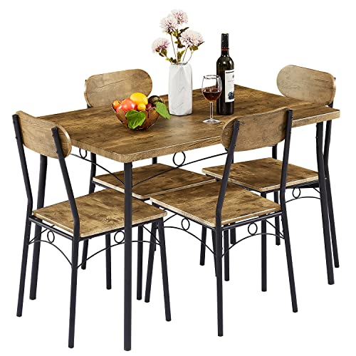 VECELO 5 Piece Dining Table Set, Metal and Wood Rectangular Kitchen Bar Breakfast Nook, Dinette with 4 Chairs, Room, Brown
