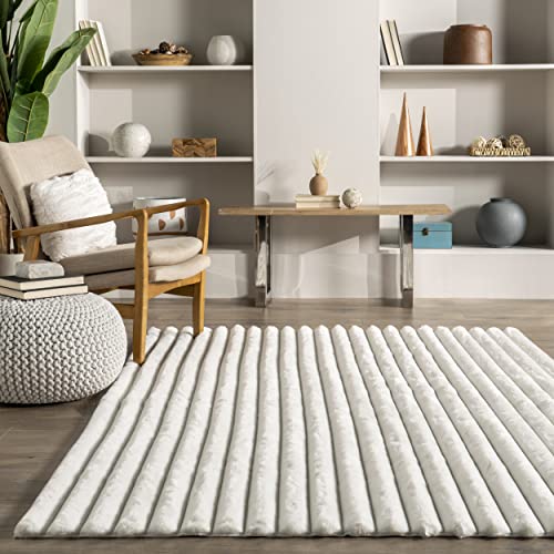 nuLOOM Kai Stripe Faux Rabbit Machine Washable Area Rug, 5' x 8', White