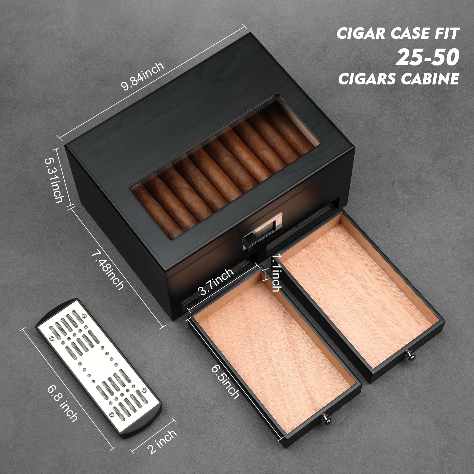 FANKAI Cigar Humidor with 2 Drawers,Cigar Accessories with Humidifier,Humidor Cigar Box Solid Cedar Wood,Cigar Gifts for Men,Glass Top Humidor,Cigar Case Fit 25-50 Cigars,Desktop Cigar Box
