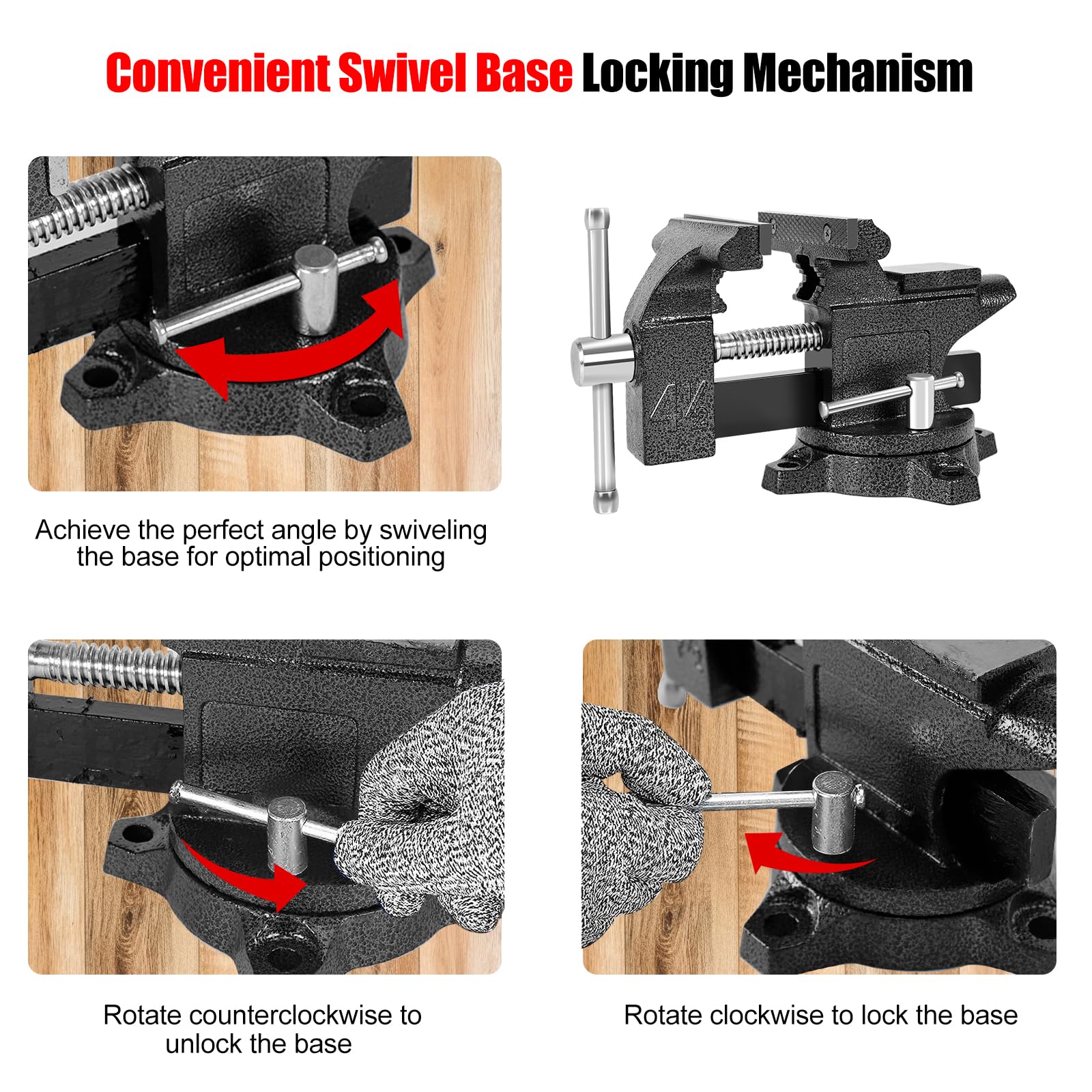 EASYBERG 4.5 Inch Bench Vise, Vice for Workbench with 270° Swivel Locking Base and 4.3in Jaw Opening, Bench Vice for Home DIY Woodworking, Drilling, Cutting Conduit