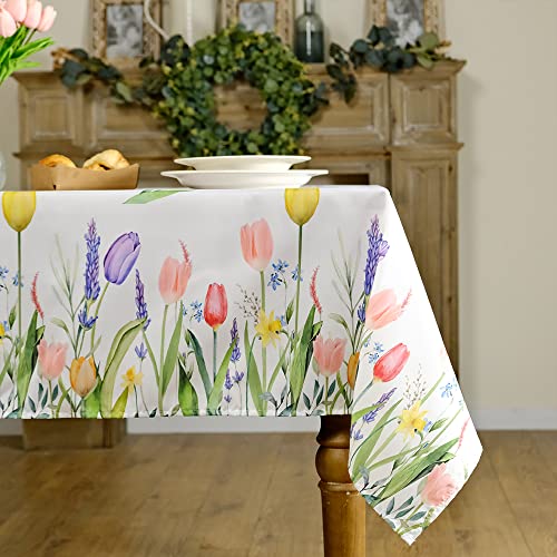 GEEORY Spring Easter Floral Tablecloth Rectangle 60X84 Inch Yellow Tulip Summer Decor Indoor Outdoor Seasonal Table Cover for Home Kitchen Dining Table ATC005