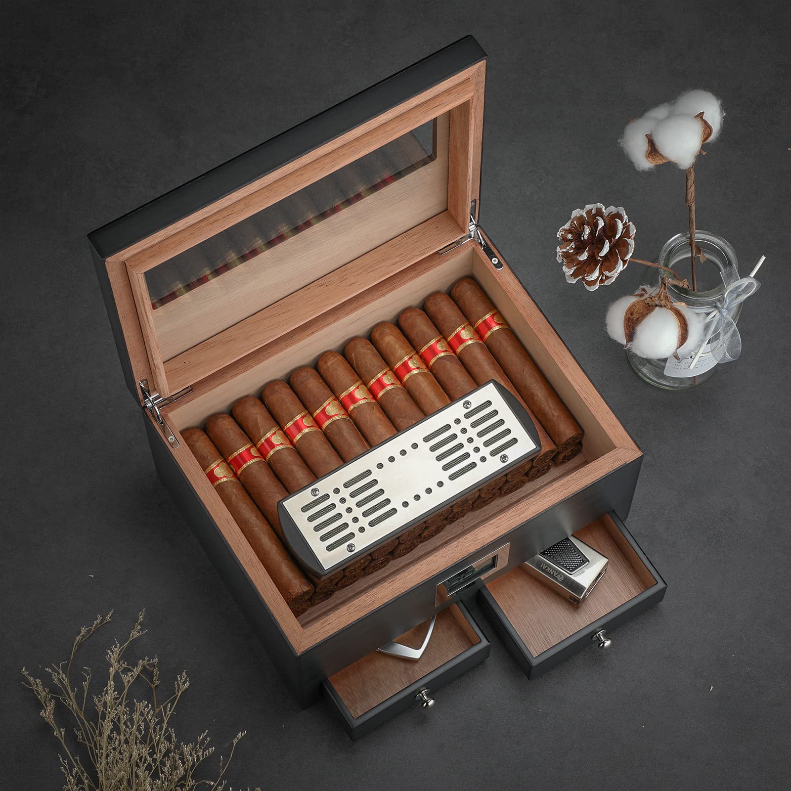 FANKAI Cigar Humidor with 2 Drawers,Cigar Accessories with Humidifier,Humidor Cigar Box Solid Cedar Wood,Cigar Gifts for Men,Glass Top Humidor,Cigar Case Fit 25-50 Cigars,Desktop Cigar Box