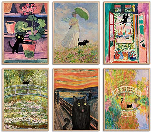 Funny Black Cat Posters For Room Aesthetic Set of 6 Canvas Artwork Vintage Monet Matisse Wall Art Poster For Living Room Bathroom Bedroom Decor 08X10Inch UNFRAMED