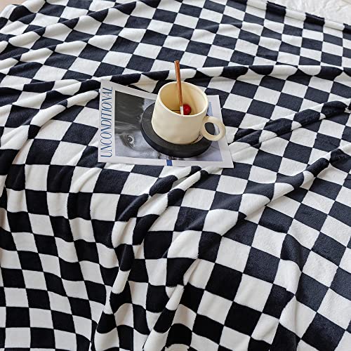 LIPOR Throw Blankets Flannel Blanket Checkerboard Grid Pattern Ultra Soft Fuzzy Checkered Throw Blankets Warm Home Decorative Luxury Blanket for Bed Couch Sofa All Seasons (Black, 51"x60")