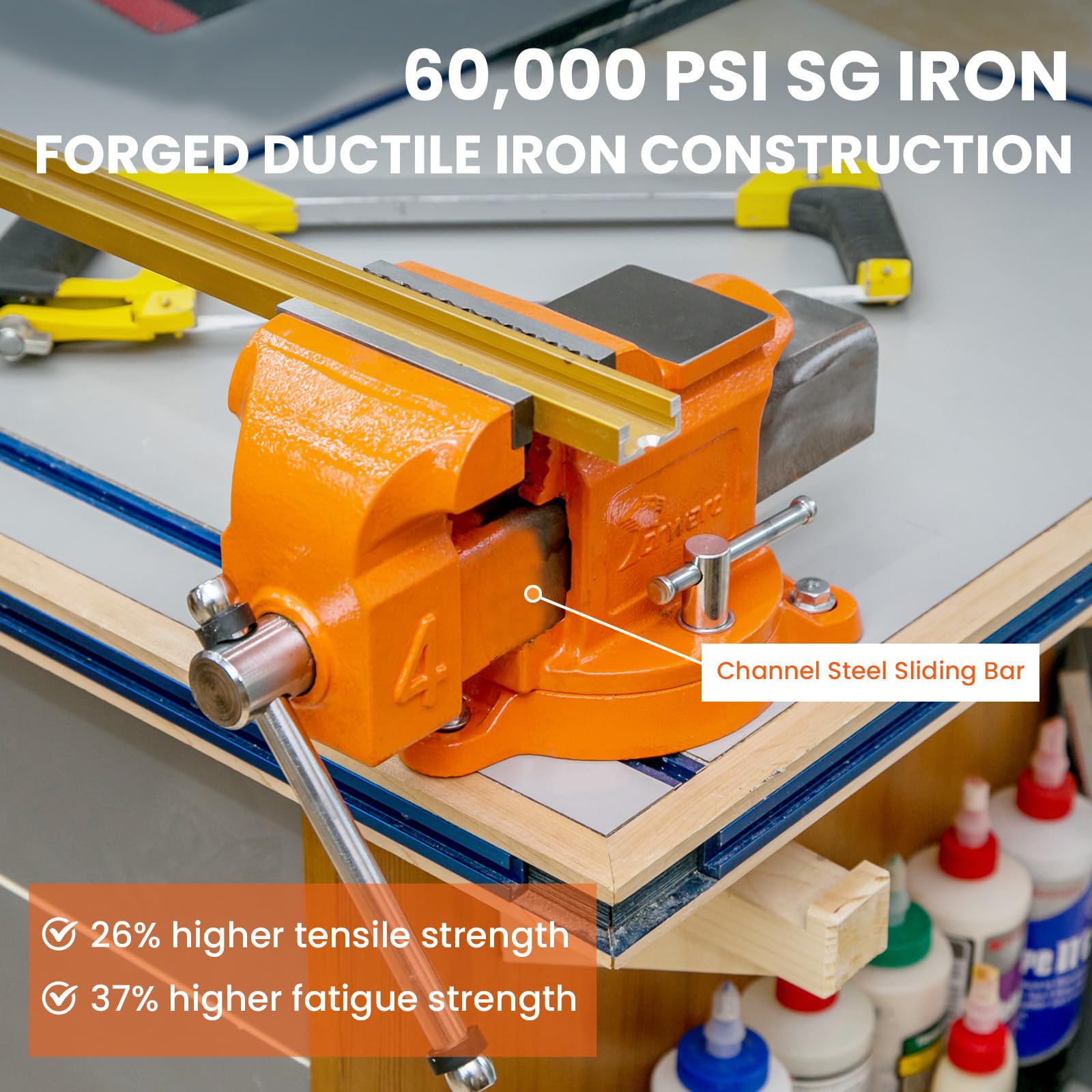 Forward Bench Vise 4 Inch Ductile Iron Bench Vice with 360 Degree Swivel Base and Channel Steel Guide Bar 30404 (4")