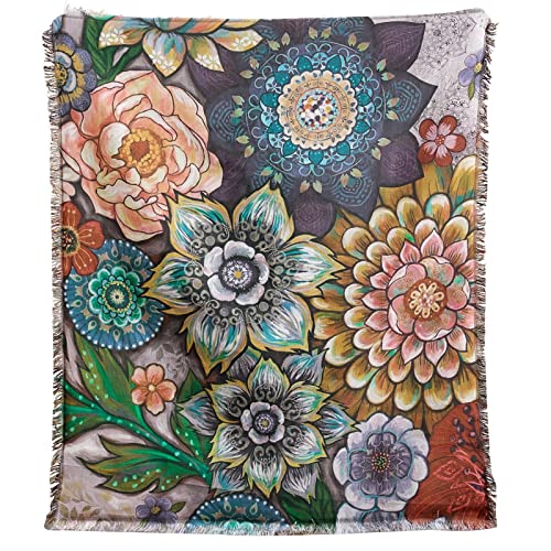 YoKii Boho Floral Cotton Throw Blanket with Fringes 51’’W x 63’’L, Colorful Vintage Bouquet Patterned Decorative Bed Couch Throw Blanket Bohemian Woven Knitted Tapestry Blanket for Women Girls