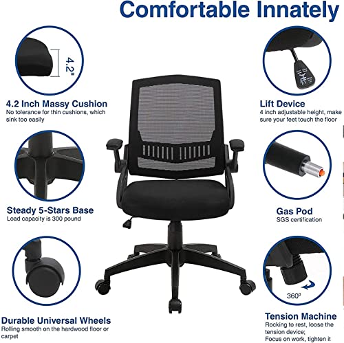 Nobofeeling Office Chair, Mesh Desk Executive Chair with 90° Flip-up Arms & Thick Cushion, Task Computer Home Chair with 5 Years Warranty, Black (Modern, Black) (Modern, Black)