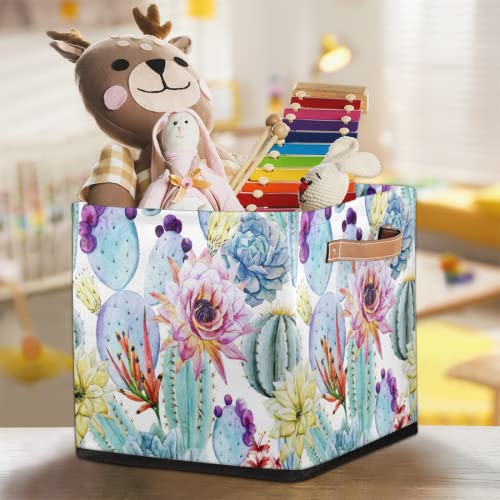 Floral Cactus Plant Cube Storage Bins 13 Inch Fabric Storage Basket Square Storage Bins Collapsible Nursery Storage Bin Organizer Basket Storage Box for Shelves, Closet