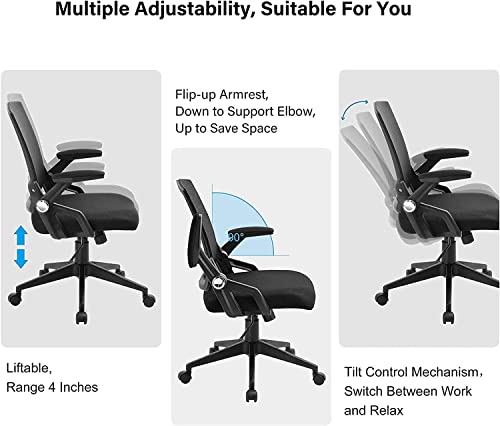 Nobofeeling Office Chair, Mesh Desk Executive Chair with 90° Flip-up Arms & Thick Cushion, Task Computer Home Chair with 5 Years Warranty, Black (Modern, Black) (Modern, Black)
