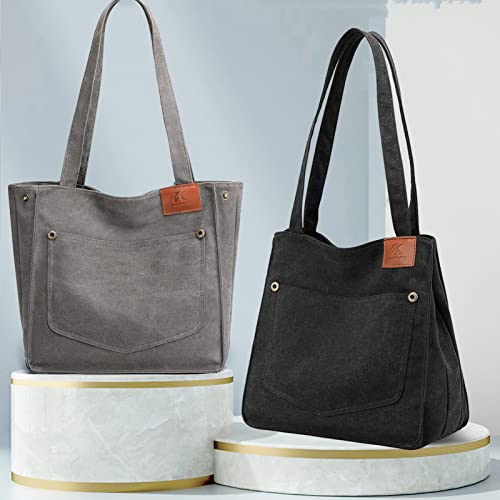 ArcEnCiel Canvas Tote Bag With Zipper, Handbags For Women Large Capacity Purse Shoulder Bags With Pockets(Gray)