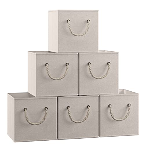 Ornavo Home Foldable Collapsible Storage Box Bins Linen Fabric Shelf Basket Cube Organizer with Rope Handles - Set of 6 - 13 x 13 x 13 - Beige