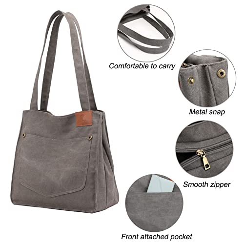 ArcEnCiel Canvas Tote Bag With Zipper, Handbags For Women Large Capacity Purse Shoulder Bags With Pockets(Gray)