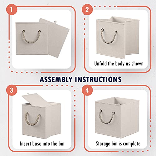 Ornavo Home Foldable Collapsible Storage Box Bins Linen Fabric Shelf Basket Cube Organizer with Rope Handles - Set of 6 - 13 x 13 x 13 - Beige
