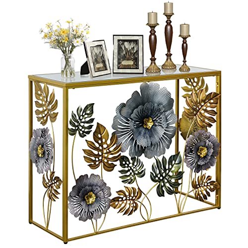 Console Table, Vintage Art Sofa Table with Metal Flower Decor, Slim Entryway Tables with Glass Mirror Desktop Behind Sofa, Narrow Accent Sofa Tables for Entryway Living Room Hallway Bedroom