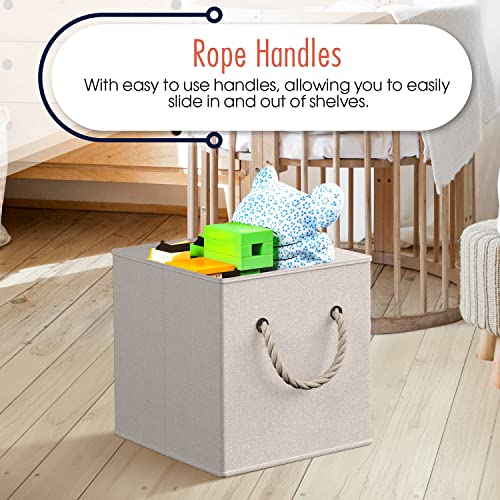 Ornavo Home Foldable Collapsible Storage Box Bins Linen Fabric Shelf Basket Cube Organizer with Rope Handles - Set of 6 - 13 x 13 x 13 - Beige