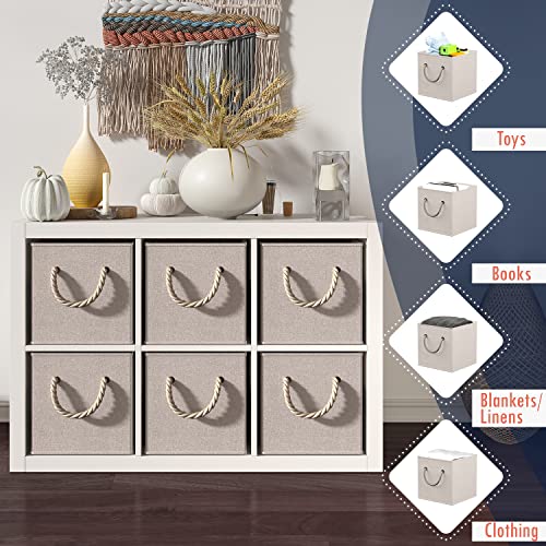 Ornavo Home Foldable Collapsible Storage Box Bins Linen Fabric Shelf Basket Cube Organizer with Rope Handles - Set of 6 - 13 x 13 x 13 - Beige