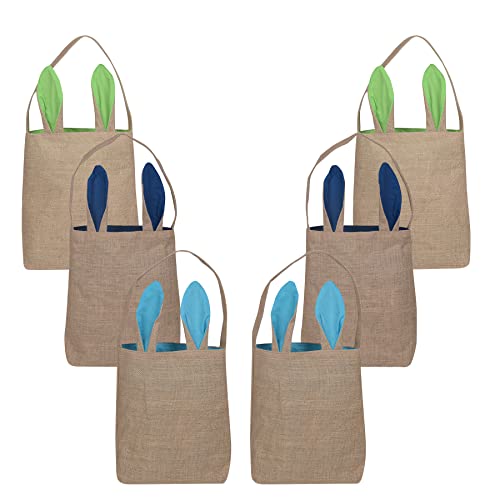 KEFAN 6 Pack Easter Bunny Bags Jute Burlap Bunny Ear Tote Baskets for Egg Hunting (Easter bags 05)