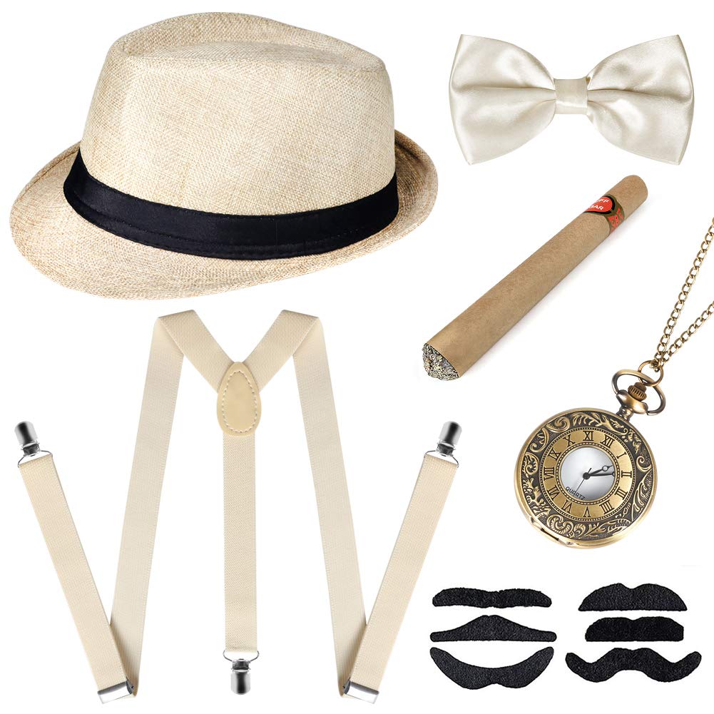 sinoeem 1920s Mens Gatsby Gangster Costume Accessories Set with Pocket Watch,Hard Felt Panama Hat, Y-Back Suspenders & Pre Tied Bow Tie,Toy Cigar & Fake Mustache, Beige-01, 15