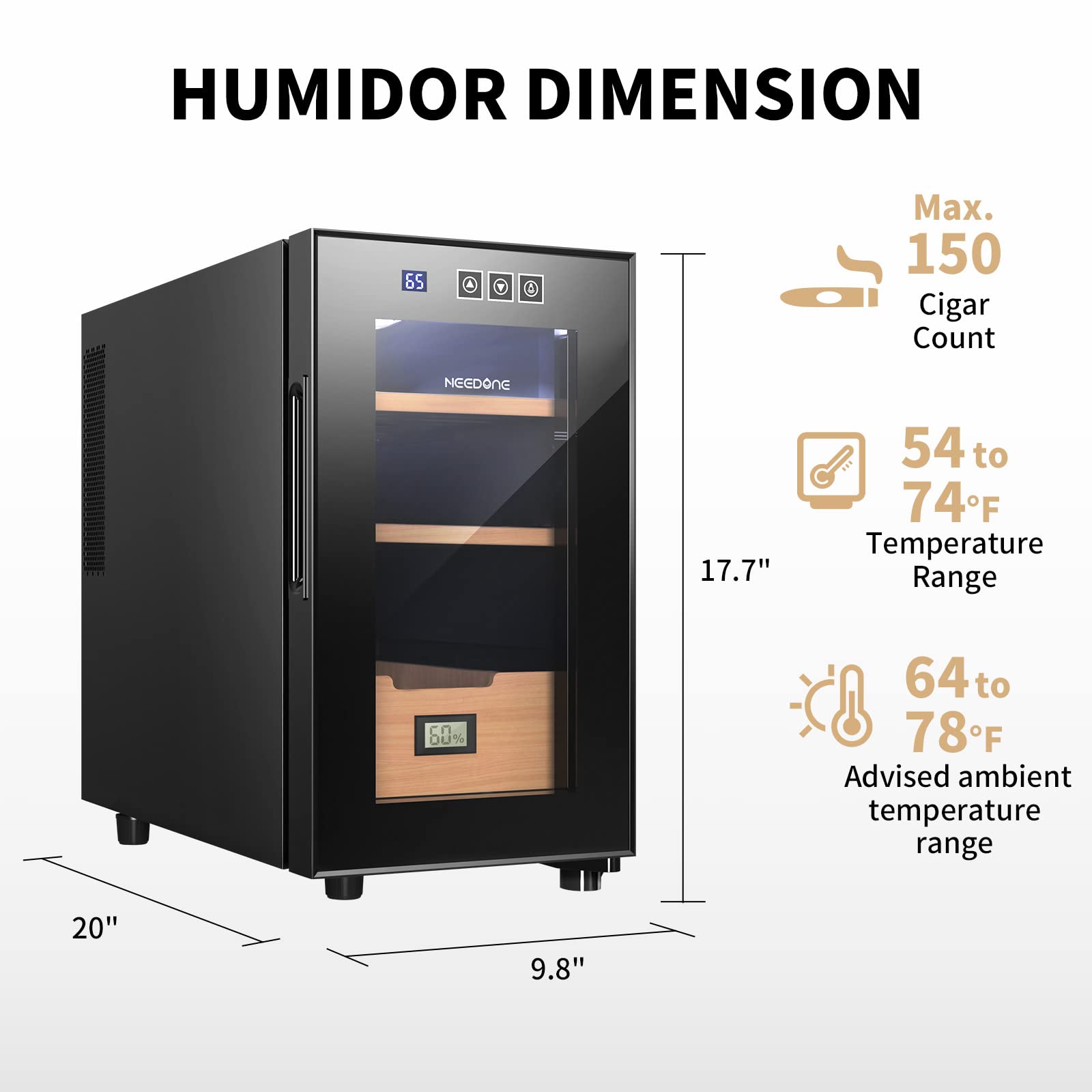 NEEDONE Electric Cooler Humidor, 23L 150 Counts Capacity, with Spanish Cedar Wood helves & Drawer Electronic Humidor Gift for Men