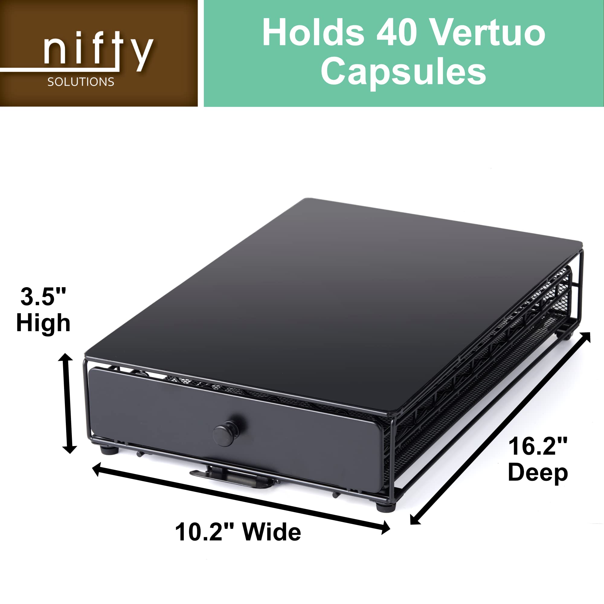 Nifty Vertuoline Rolling Coffee Pod Drawer – Satin Black Finish, 40 Pod Capsule Holder, Compact Under Coffee Pot Storage, Office or Home Kitchen Counter Organizer