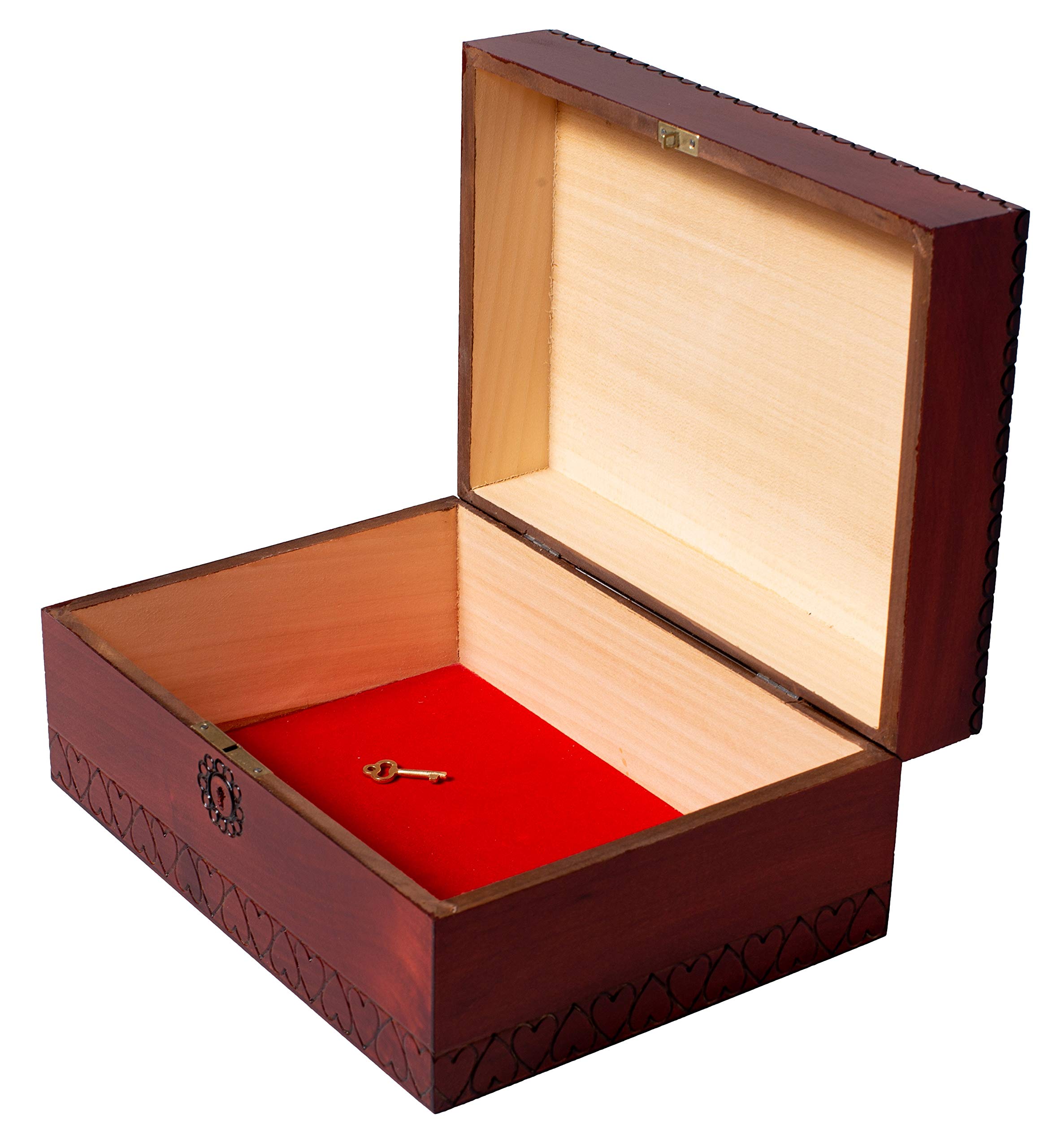 Artisan Owl Polish Handmade Large Trunk 10" Heart Patterned Wooden Box with Lock and Key for Keepsakes, Love Letters, Jewelry, and Specialty Items
