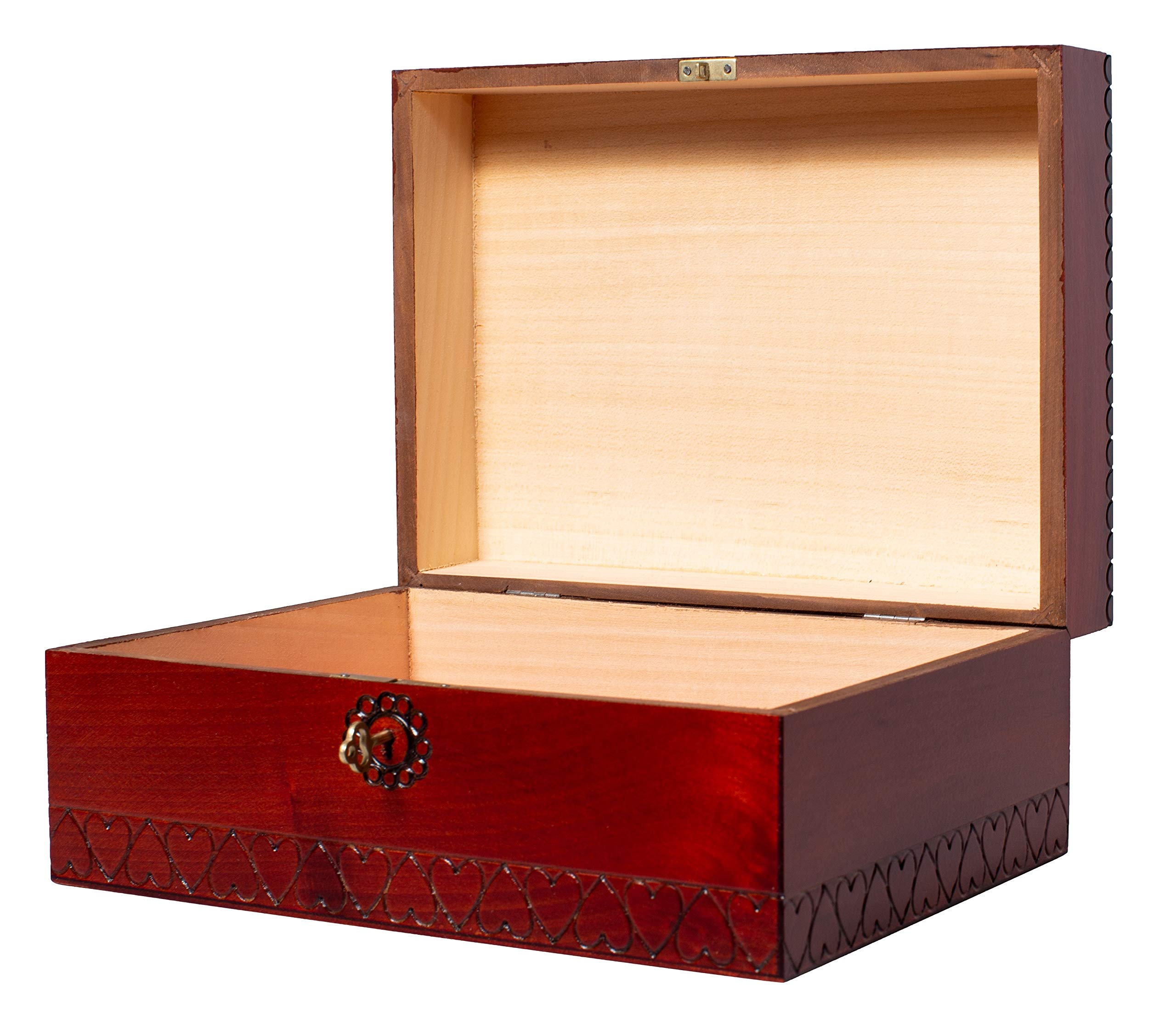 Artisan Owl Polish Handmade Large Trunk 10" Heart Patterned Wooden Box with Lock and Key for Keepsakes, Love Letters, Jewelry, and Specialty Items