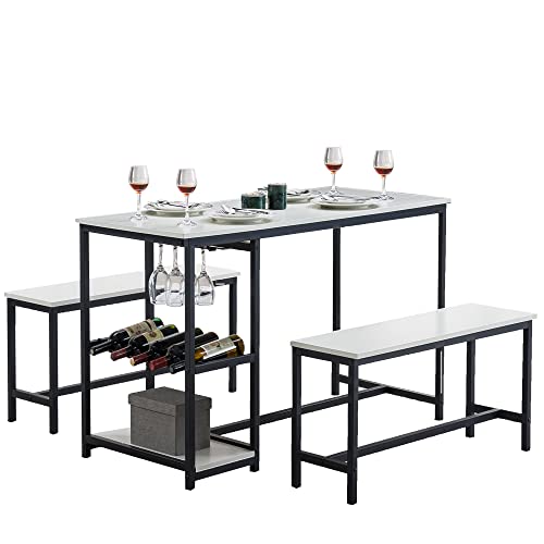 Vmobili Dining Table Set for 4,3 Piece Kitchen Table and Chairs Set with 2 Benches, Breakfast Nook Table Set, Dining Table with Wine Rack and Storage Shelf Small Metal Frame Kitchen Table