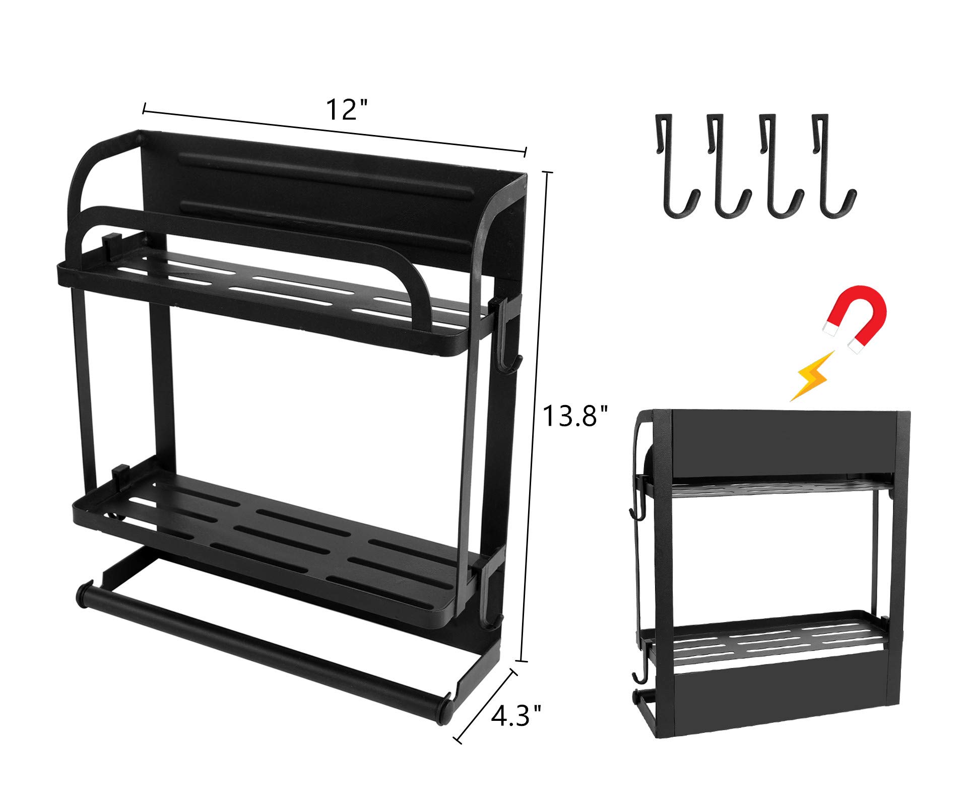 PENGKE Magnetic Spice Rack Organizer 2 Tier Refrigerator Storage Shelf with Paper Towel Holder and Removable Hooks,Strong Rustproof Magnetic Shelf,Black