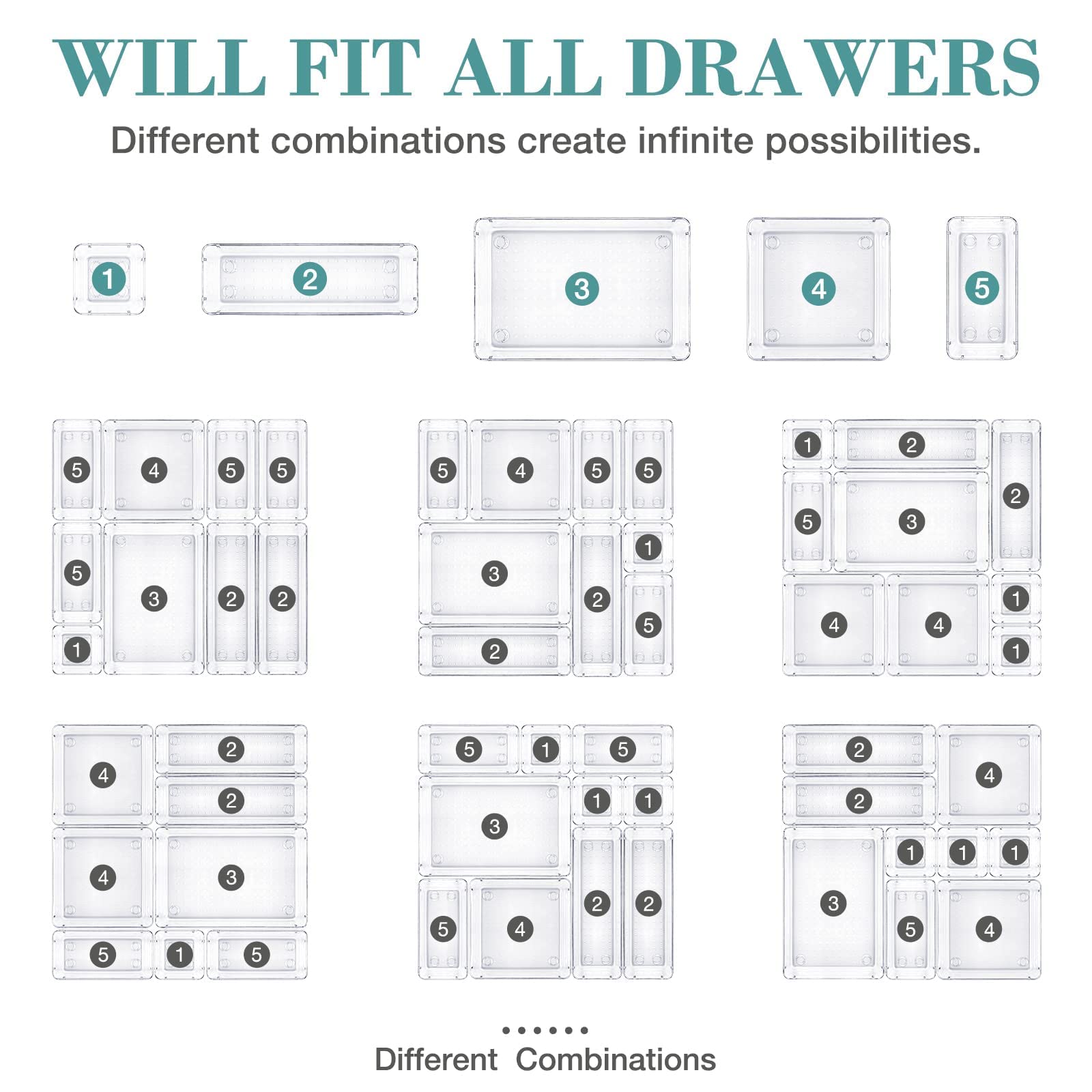 StorMiracle 16 PCS Drawer Organizer Set, 5 Varied Size Bathroom and kitchen Drawer cabinet organizer Trays, Clear Storage Bins for Makeup, Jewelry, Utensils and Gadgets