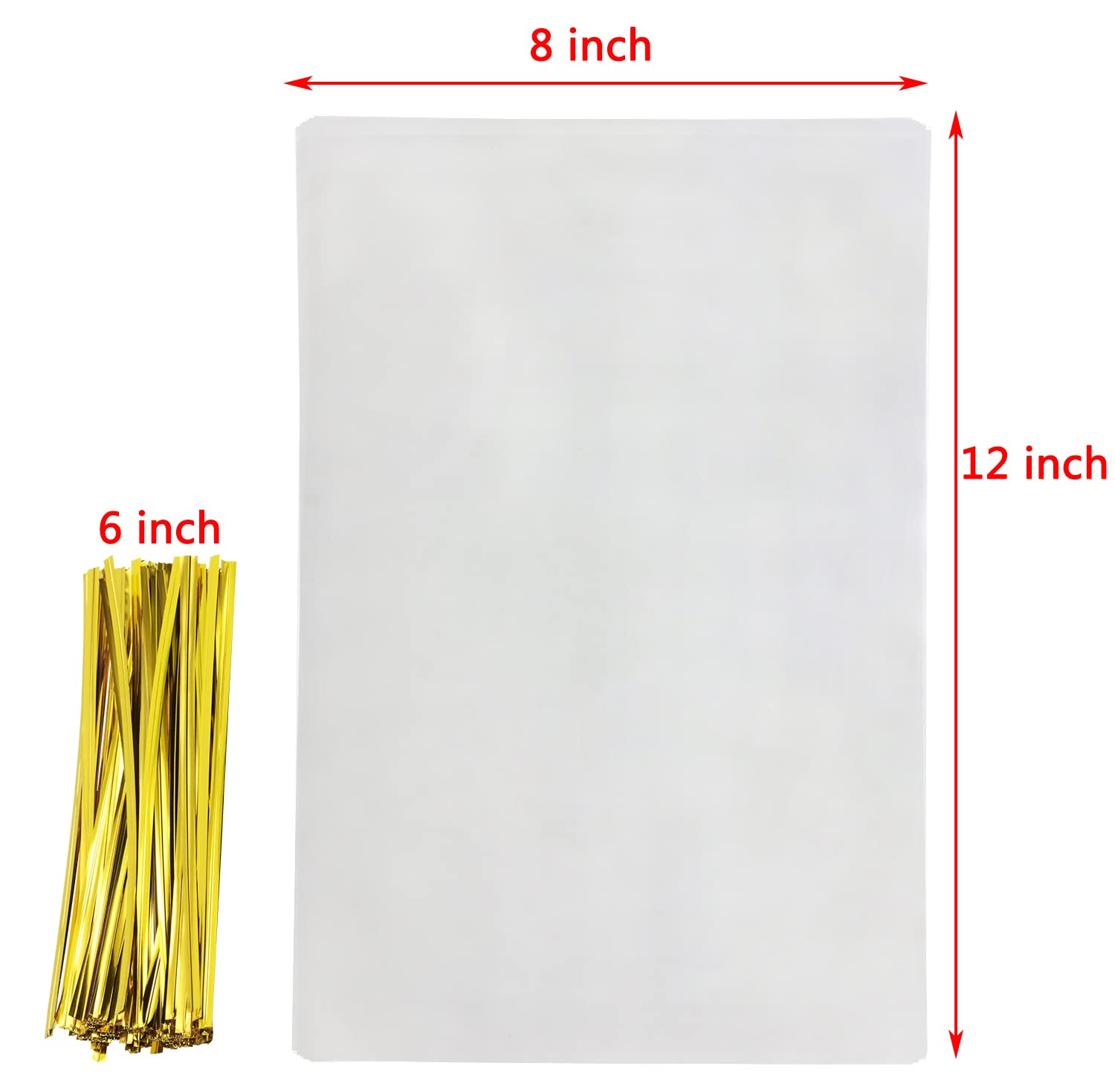 Mini Skater 8" x 12" Clear Treat Bags OPP Cello Cellophane Flat Bag With 50Pcs Gold Color Twist Ties For Wedding Gift Candy Cookie Bakery Bread Dessert, 50Pcs