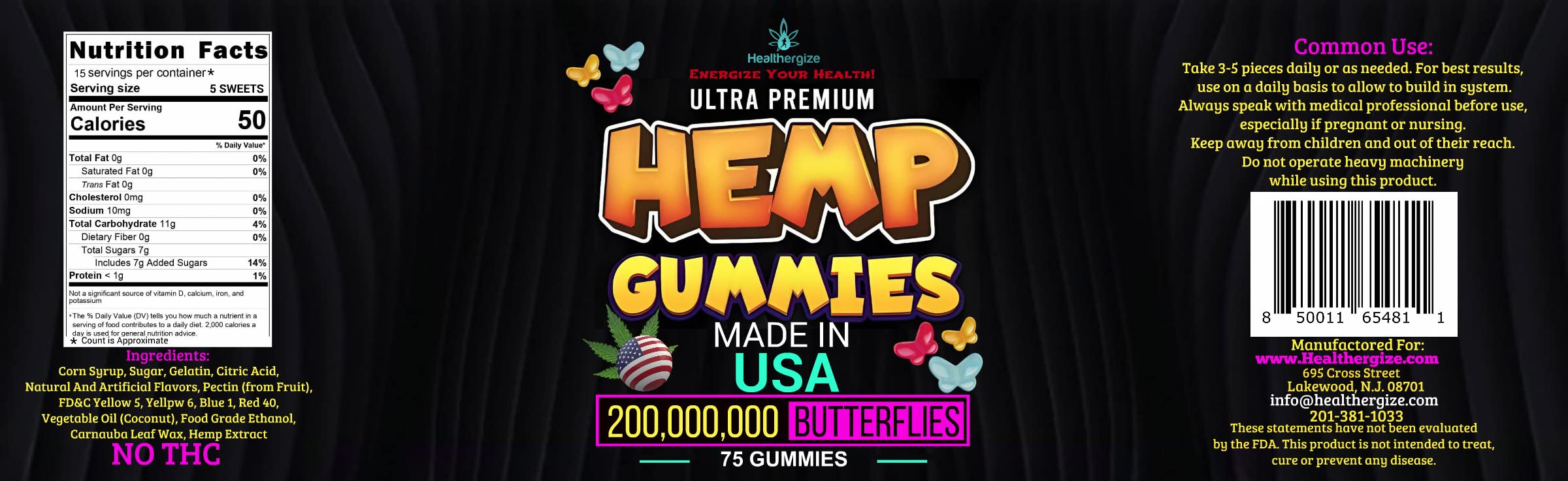 2Pack Hemp Gummies-Premium Hemp Oil Gummy Bears Butterfly Shape-Promote Peace and Relaxation, Back, Hair, Skin-Gomitas para Dormir-Made in USA