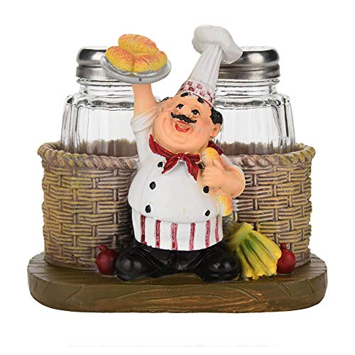 Salt and Pepper Shakers Set, Cute Fat Chef Decorative Statue Spice Organizer, with Holder Figurine Gift for Family, Kitchen, Restaurant, Cafe, Bakery (E14-15018-B)