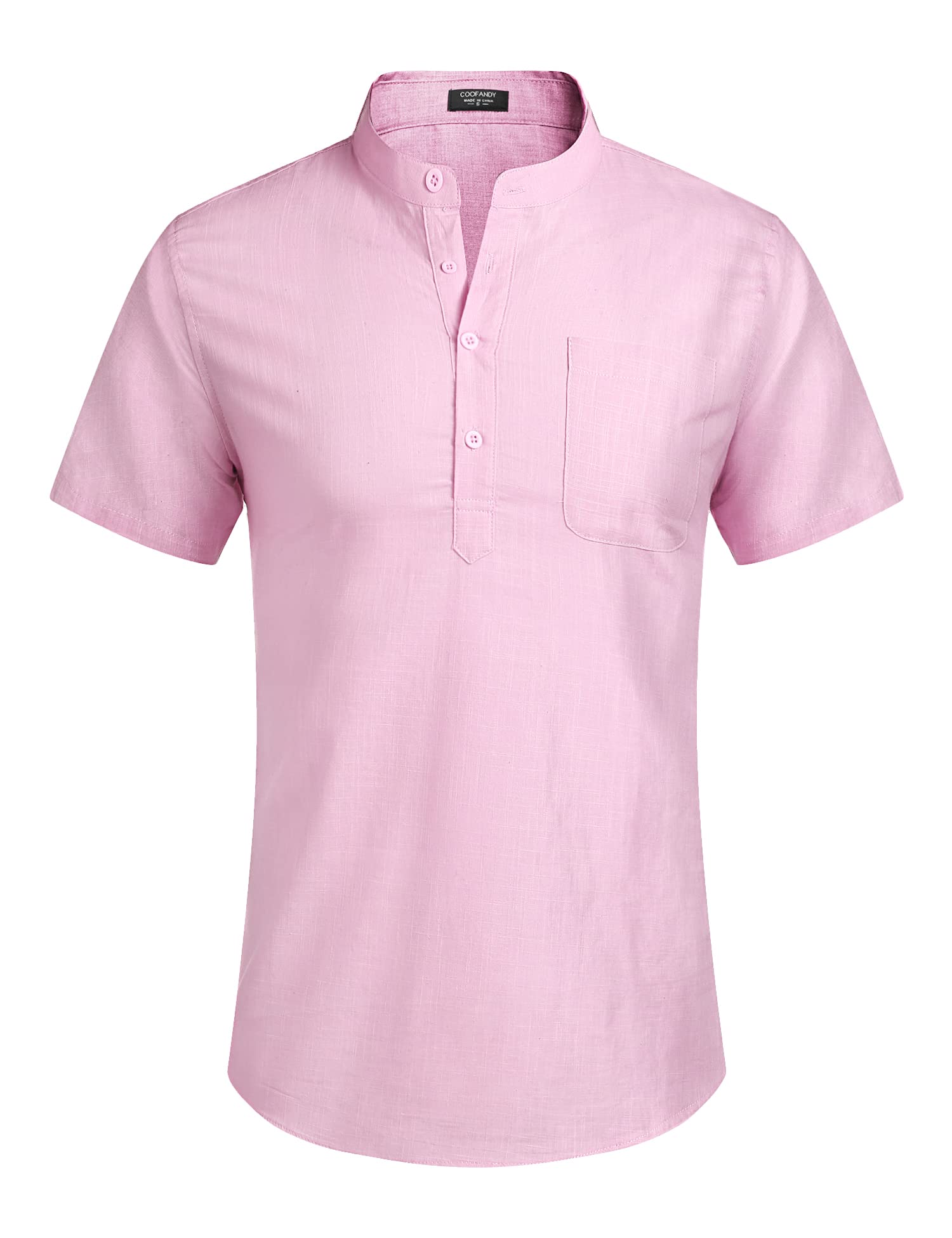 COOFANDY Men's Cotton Linen Henley Shirt Short Sleeve Hippie Casual Beach T-Shirts with Pocket Pink
