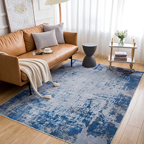 Modern Abstract Area Rug 5'3" X 7'6" Washable, Non Slip Rugs for Living Room Bedroom Dining Room Kids and Pets Friendly Nursery Kitchen Farmhouse, Indoor and Outdoor Carpets Dark Blue/Grey