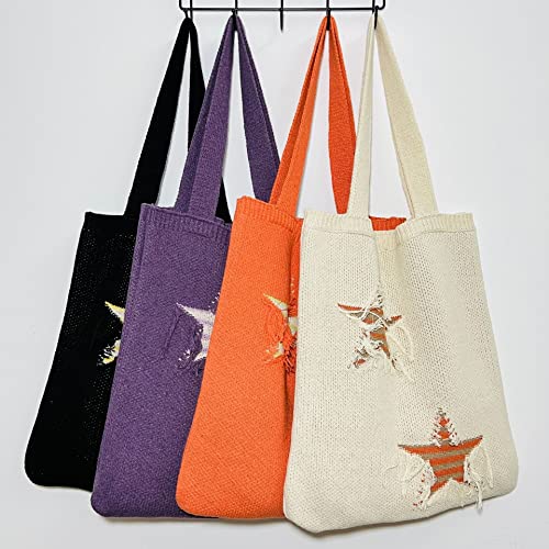 Women Distressed Star Pattern Tote Bag Fairy Grunge Shoulder Handbag Ripped Crochet Hobo Bag Casual Shopping Bag (Black)